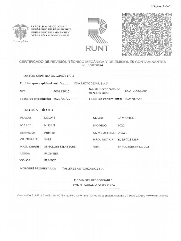 Certificado Tecnomecanica Camioneta de Servicio Maquinaria Placas Kol046 | PDF