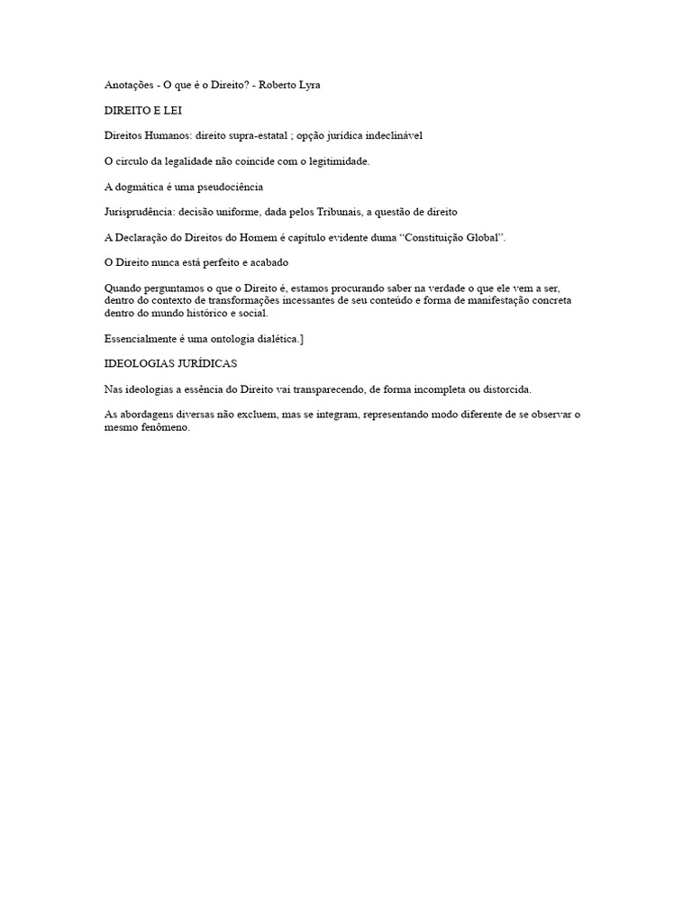 Fichamento - O Que É Direito - Roberto Lyra - Wps | PDF