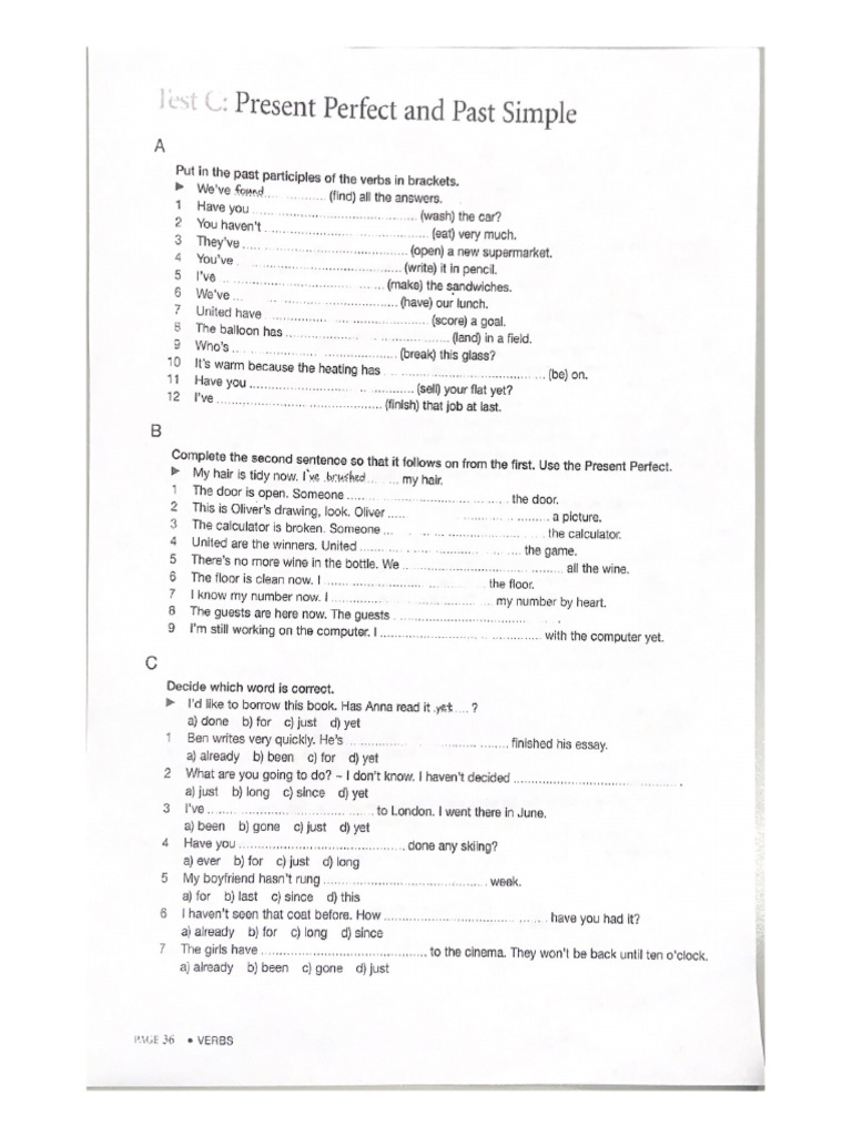 Test C Present Perfect and Past Simple | PDF