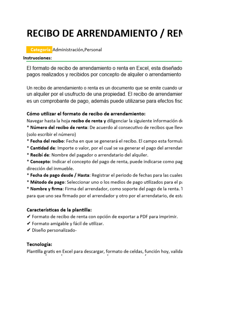 107 Formato Recibo De Arrendamiento Renta Xlsm Pdf Ingeniería De
