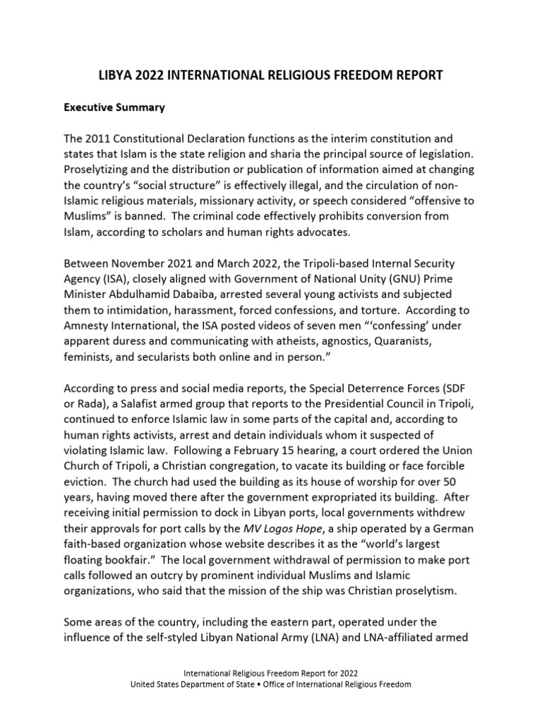 Libya 2022 International Religious Freedom Report | PDF | Freedom Of Religion | Sharia