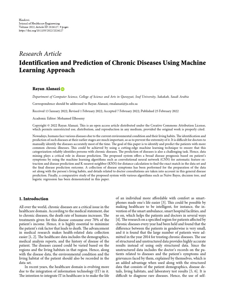 Identification and Prediction of Chronic Diseases Using Machine | PDF ...