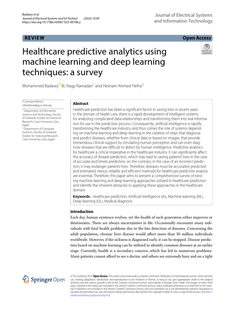 Healthcare Predictive Analytics Using Machine Learning and Deep Learning Techniques: A Survey ...