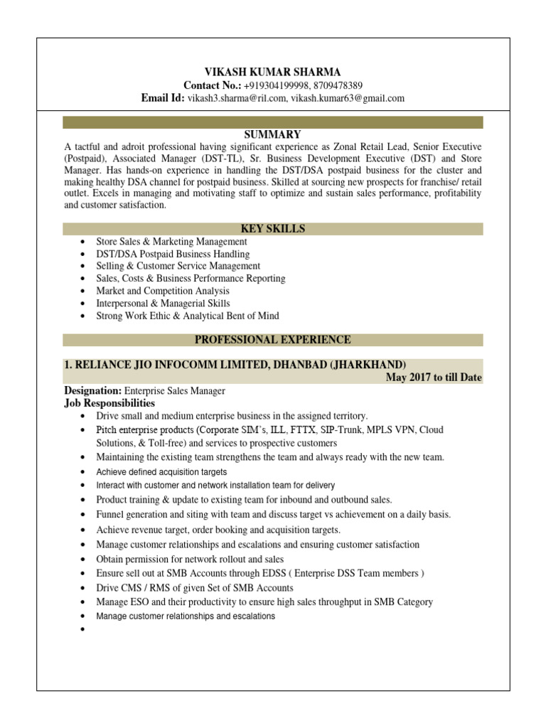 Vikash Kumar Sharma's Telecom Sales Resume | PDF | Sales | Franchising