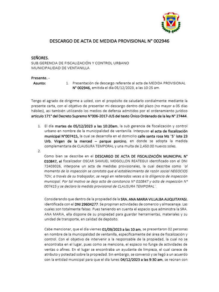Respuesta Acta de Medida Provisional #002946 | PDF