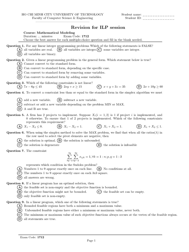 Mathematical Modeling Exam Questions | PDF