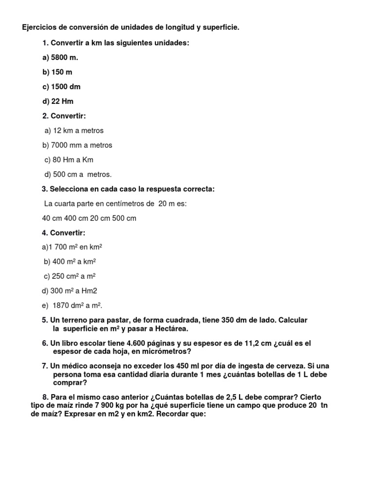 Ejercicios de Conversión de Unidades | PDF | Métodos y materiales de ...