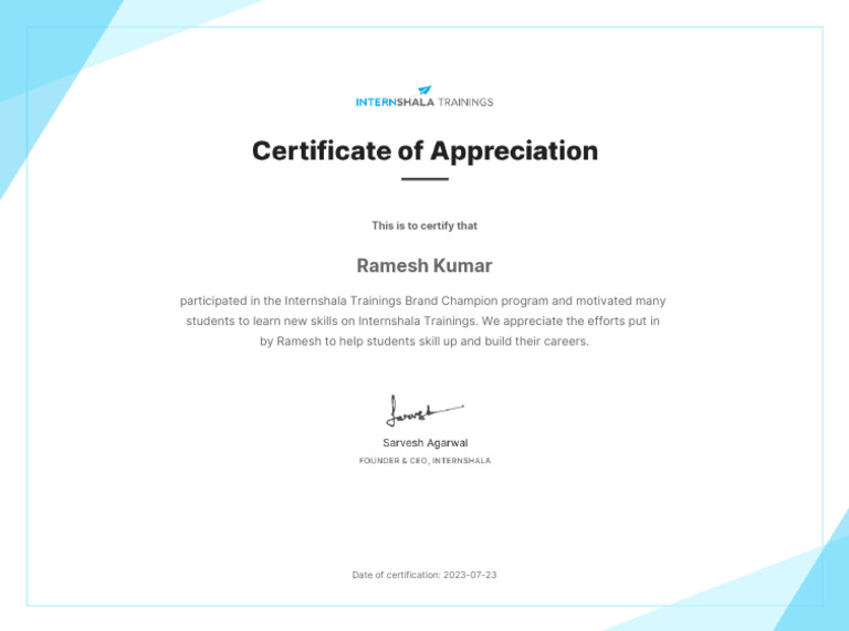 Ramesh's Internshala Trainings Brand Champion Certificate | PDF ...