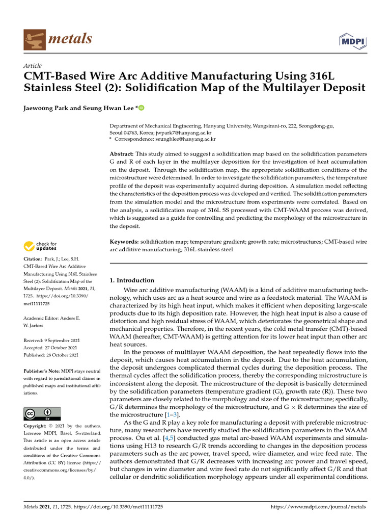 CMT-Based Wire Arc Additive Manufacturing Using 316L Stainless Steel (2 ...