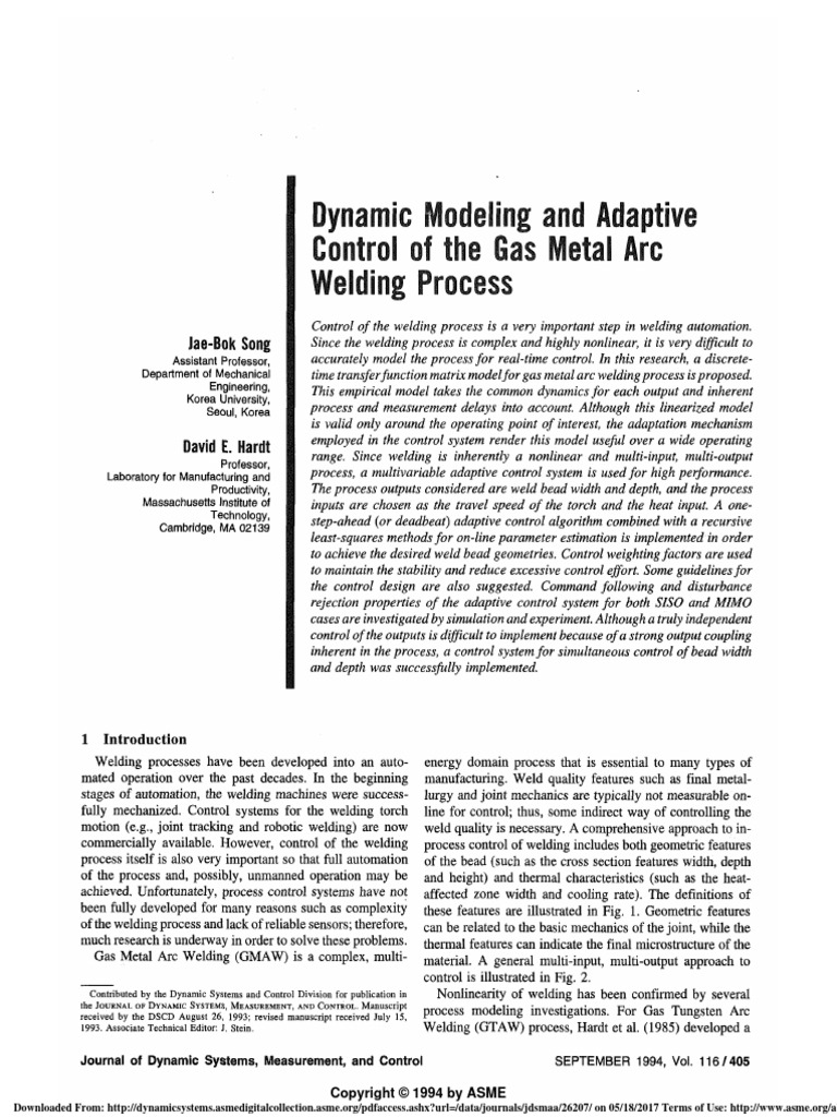 Dynamic Modeling and Adaptive Control of The Gas Metal Arc Welding ...
