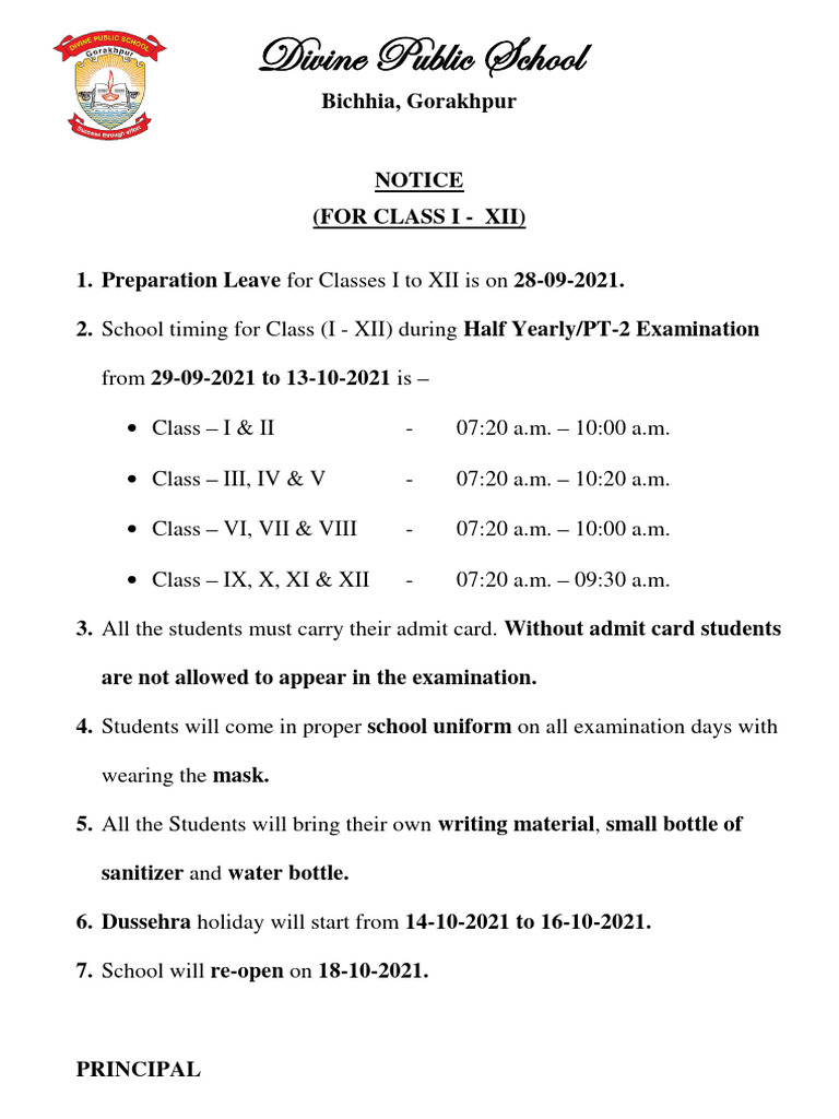 Notice - School Timing During Hy & Pt-2 Examination | PDF