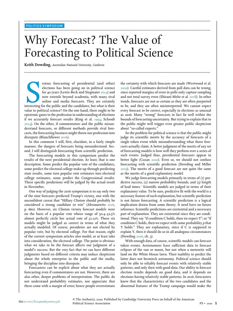 Dowding Why Forecast The Value Of Forecasting To Political Science