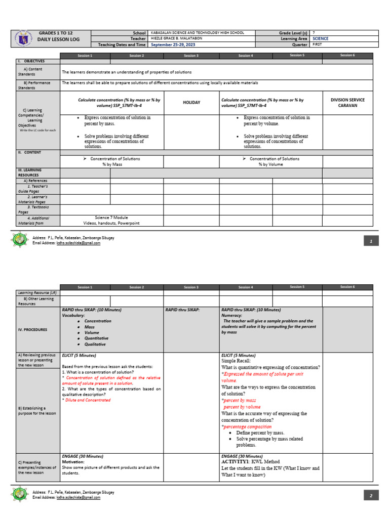 DLL Science 7 Week 5 | PDF | Concentration | Fineness