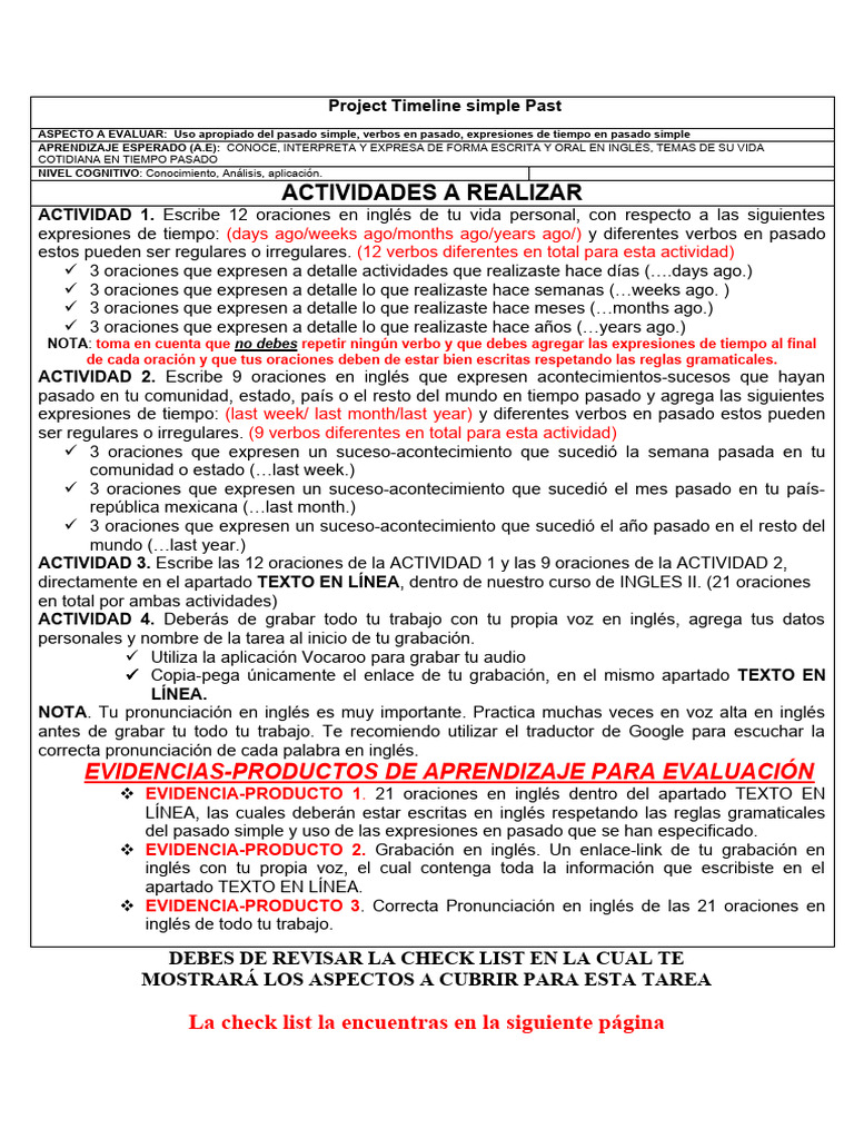 Project Timeline Simple Past Pdf Verbo Lingüística