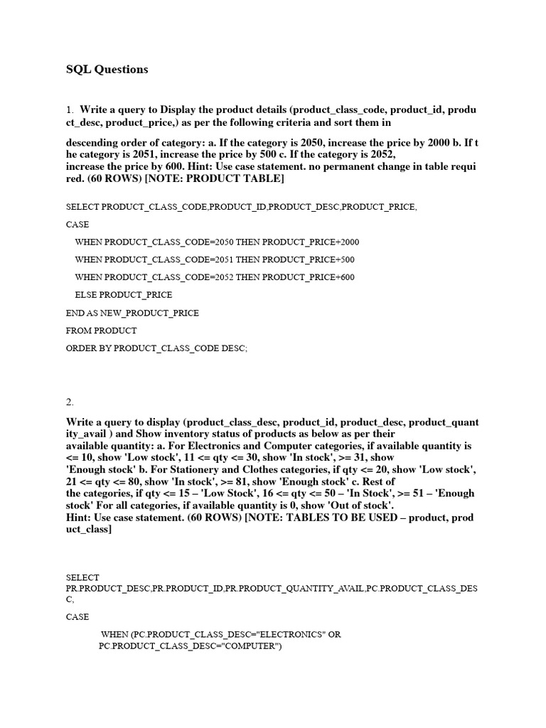SQL Questions | Download Free PDF | Computing