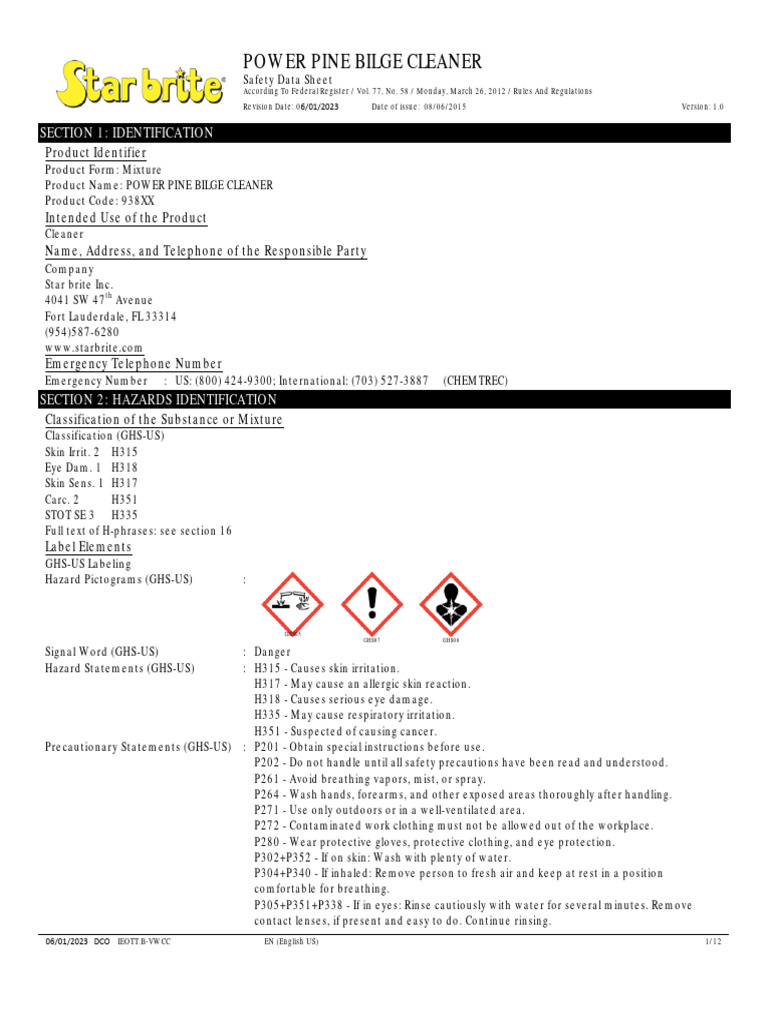 938XX MSDS NA EN Power-Pine-Bilge-Cleaner | PDF | Chemical Reactions ...