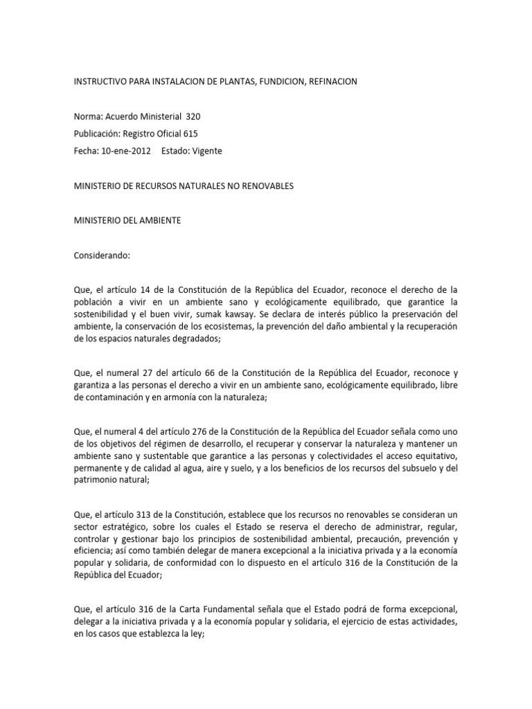 Acuerdo 320 Instructivo para Instalacion de Plantas | PDF | Minería | Sustentabilidad