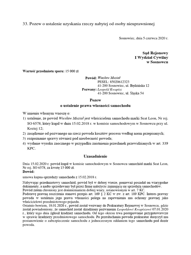 11 Pozew o Ustalenie Uzyskania Rzeczy Nabytej Od Osoby Nieuprawnionej | PDF