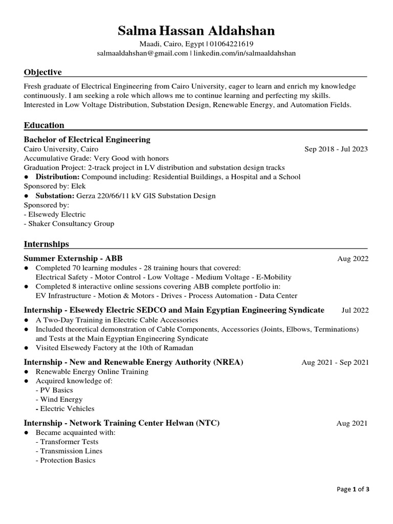 Salma Hassan Aldahshan Resume | PDF | Electrical Substation | Programmable Logic Controller