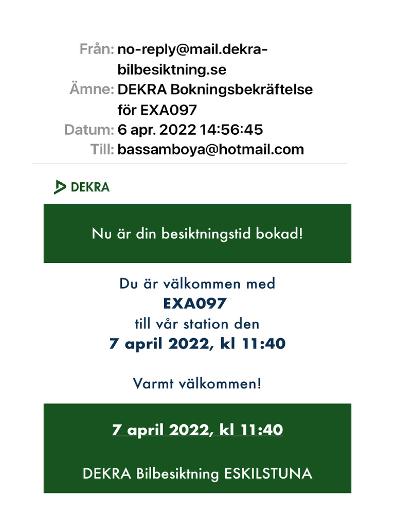 DEKRA Bokningsbekräftelse För EXA097 | PDF