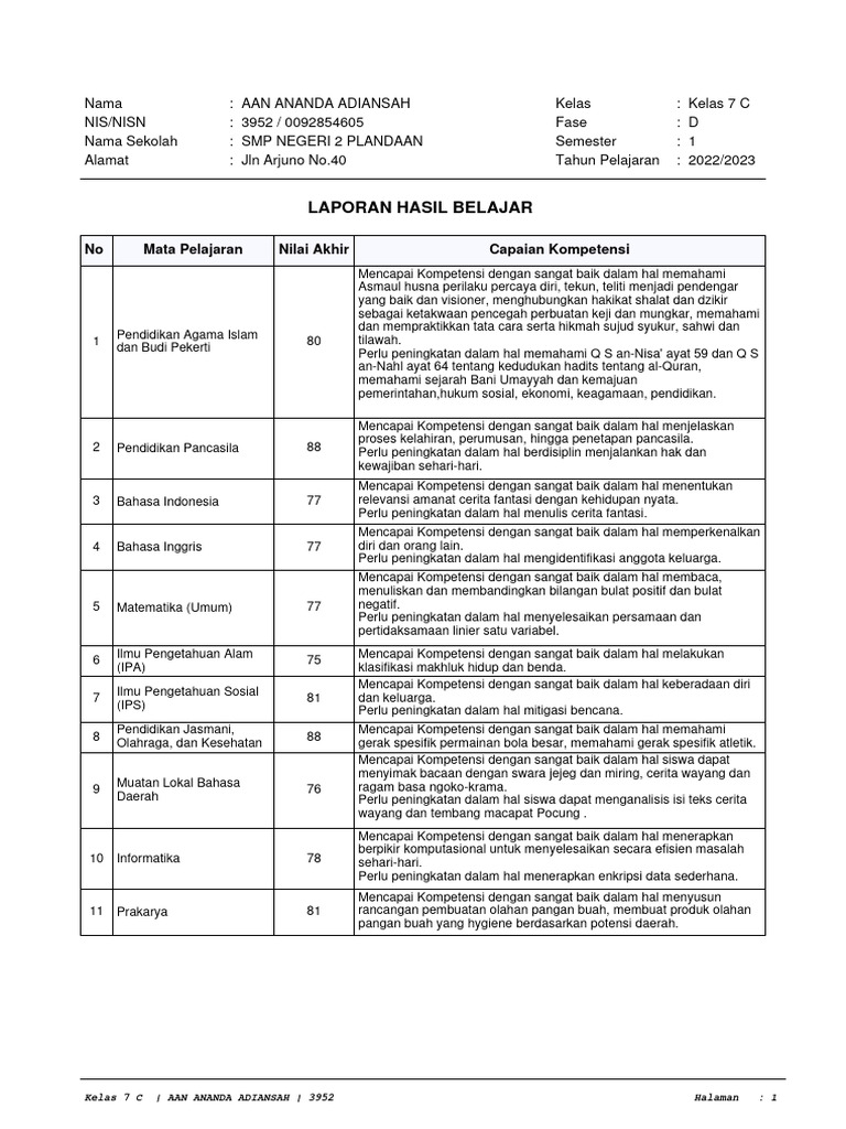 Rapor Kumer 7 C | PDF