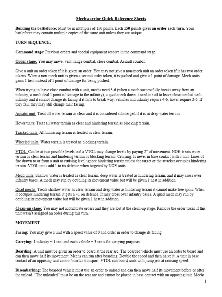Mechwarrior Quick Reference Sheet | PDF | Artillery | Infantry