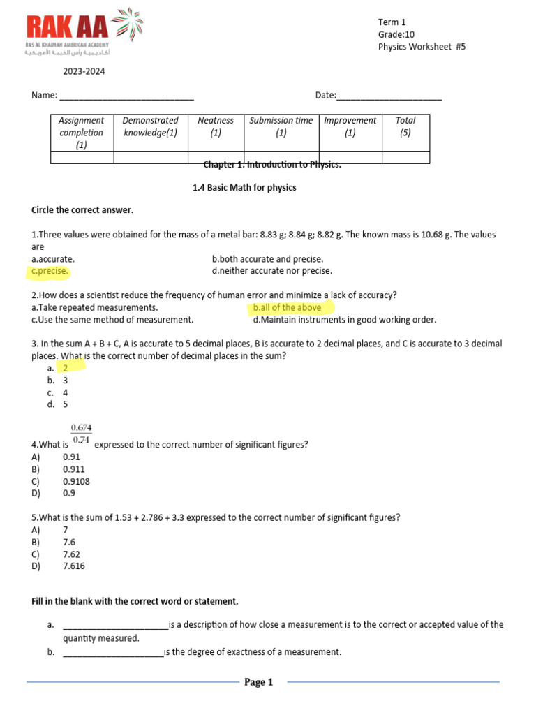 G 10 T1 Physics WS 5 2023 24 | PDF | Significant Figures | Measurement