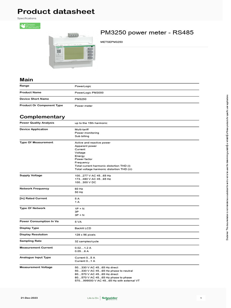 Schneider Electric - PowerLogic-Power-Meters-PM3000 - METSEPM3250 | PDF ...