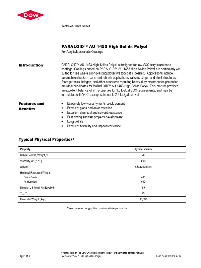 Paraloid Au1453 Highsolids Polyol | PDF | Physical Sciences | Chemistry