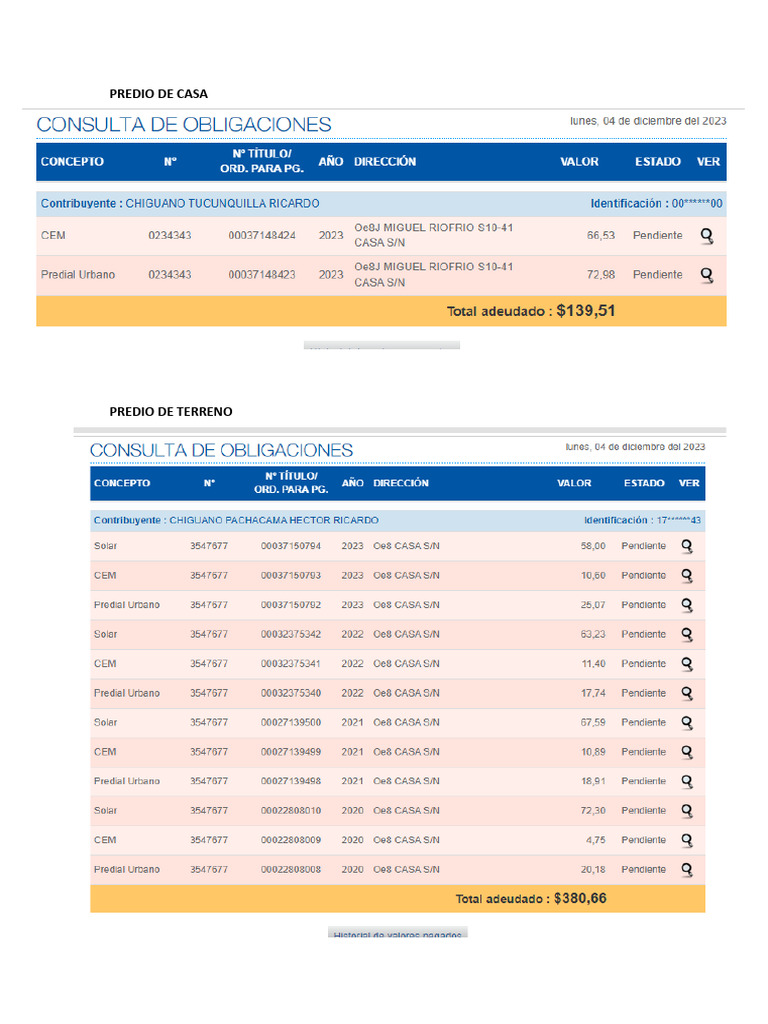 Valores A Pagar Del Impuesto Predial (Casa - Terreno) | PDF
