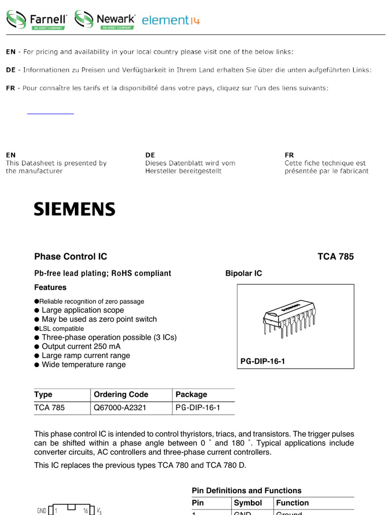 Tca 785 Datasheet | PDF | Electronic Circuits | Manufactured Goods