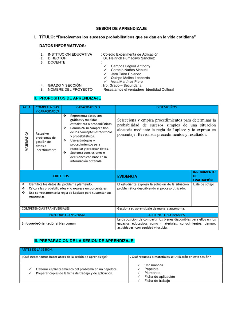 Sesion De Aprendizaje 1ro Secundaria Pdf Probabilidad Aprendizaje