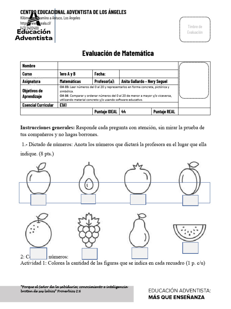 EVA. Matemática 1°A y B 1-10 | PDF