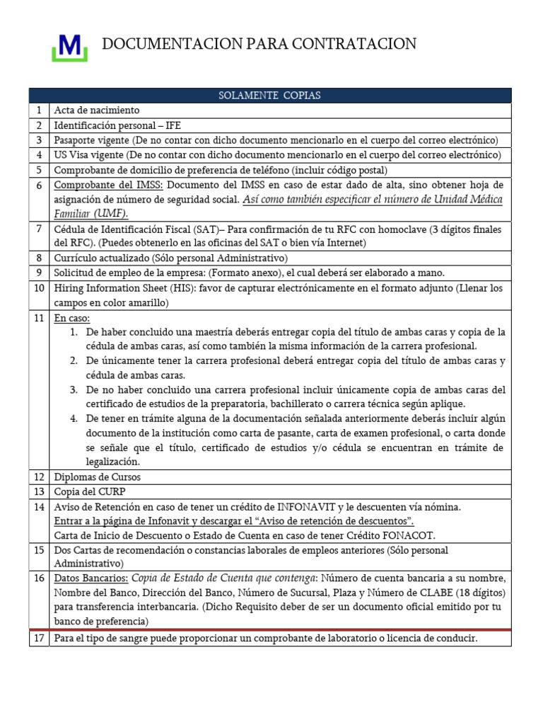 Documentos para Contratación | PDF