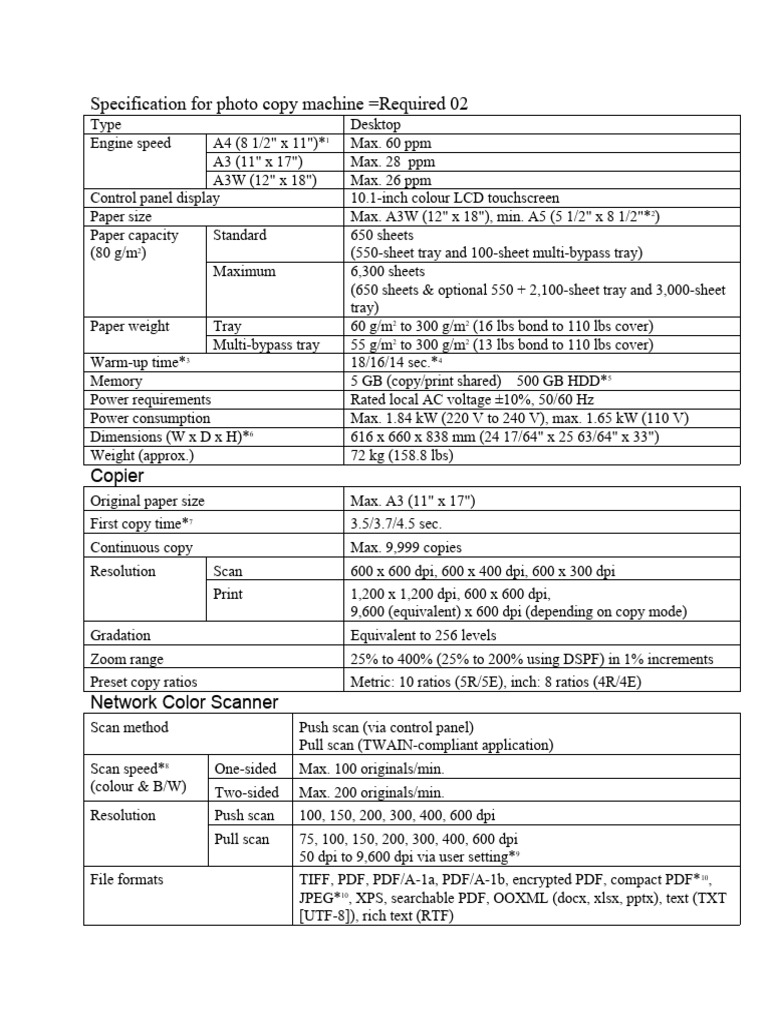 Specification For Photo Copy Machine | PDF | Image Scanner | Computing