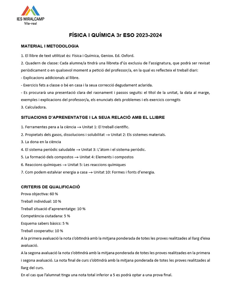 FÍSICA I QUÍMICA 3r ESO 2023 | PDF