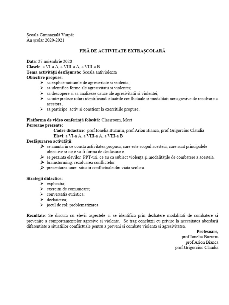Fisa de Activitate - Scoala Antiviolenta | PDF