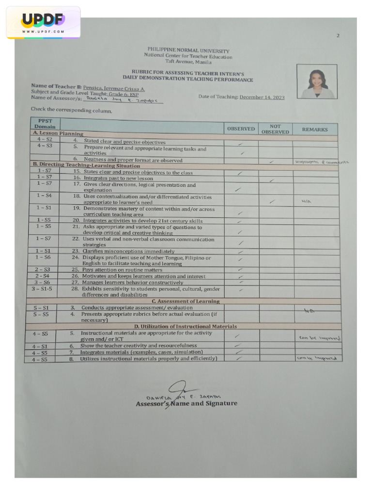 Form-2-Demo-Teaching-Rubric Extract | PDF