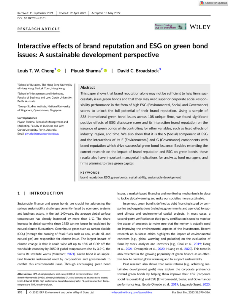 Interactive Effects of Brand Reputation and ESG On Green Bond Issues: A ...