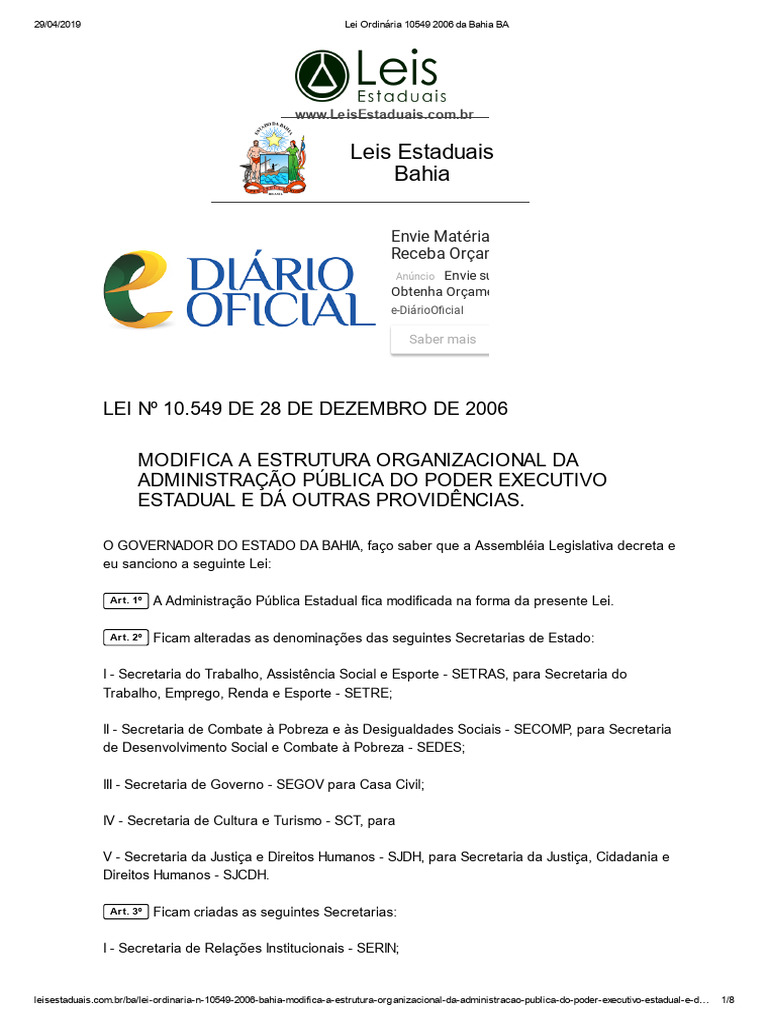 Lei Estadual No 10.549, de 28 de Dezembro de 2006 | PDF