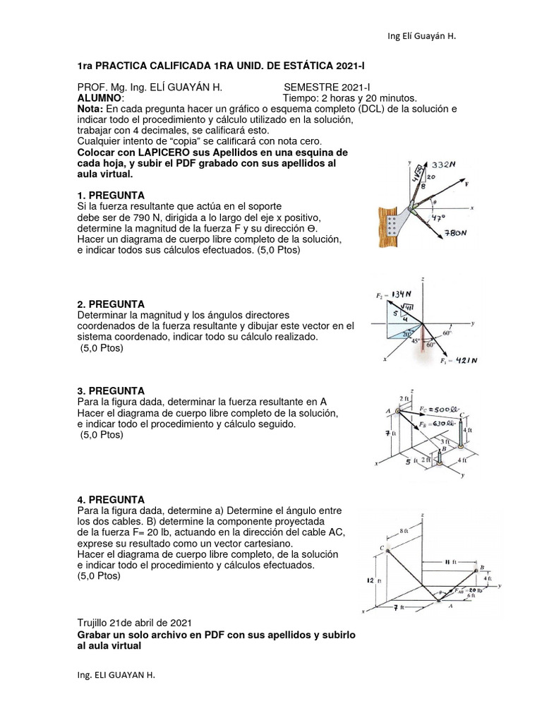 Estatica 1ra Practica Calificada 2021-I | PDF