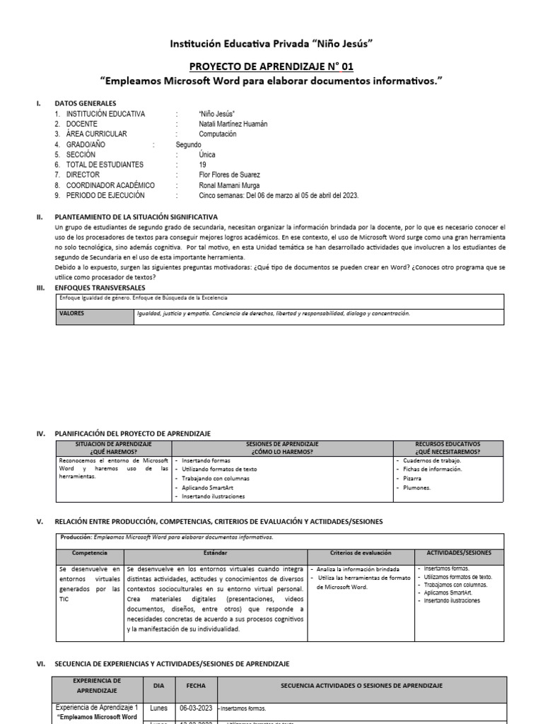 Esquema Proyecto de Aprendizaje 2° | PDF