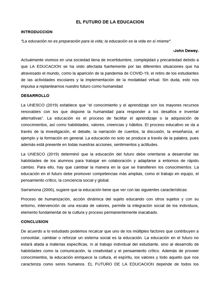 EL-FUTURO-DE-LA-EDUCACION-ensayo | PDF | Aprendizaje | Ciencia cognitiva
