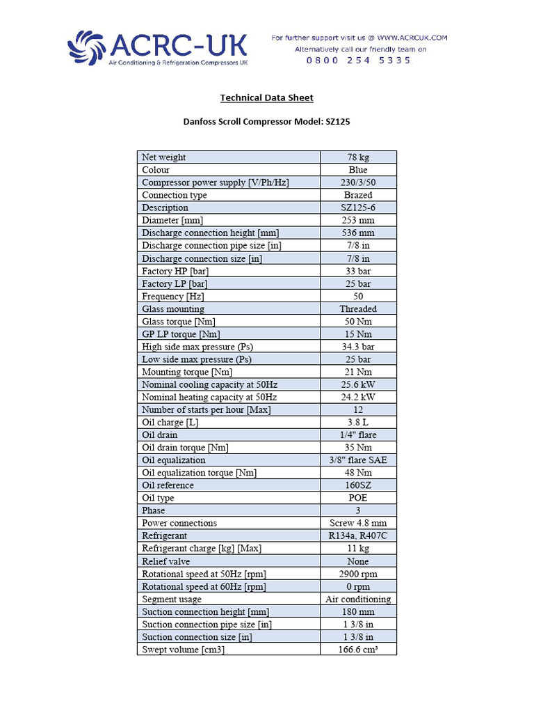 Danfoss Scroll Compressor Model SZ125 Technical Data Sheet | PDF