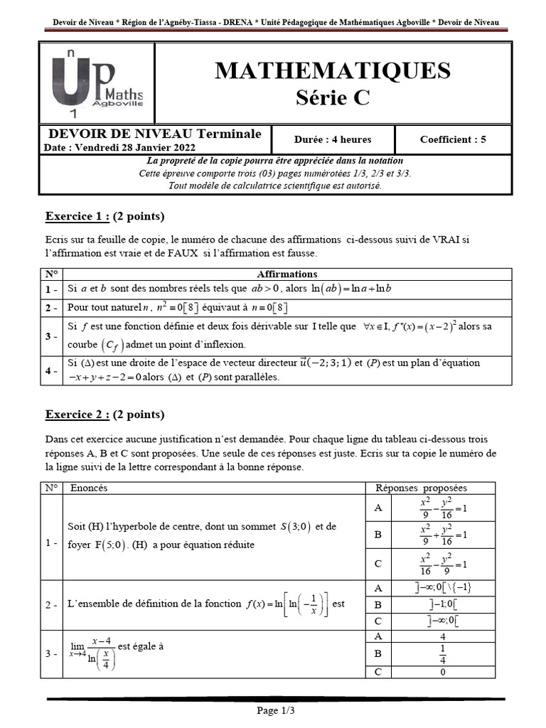 Devoir d'UP (Tle C) | PDF | Coordonnées cartésiennes | Géométrie