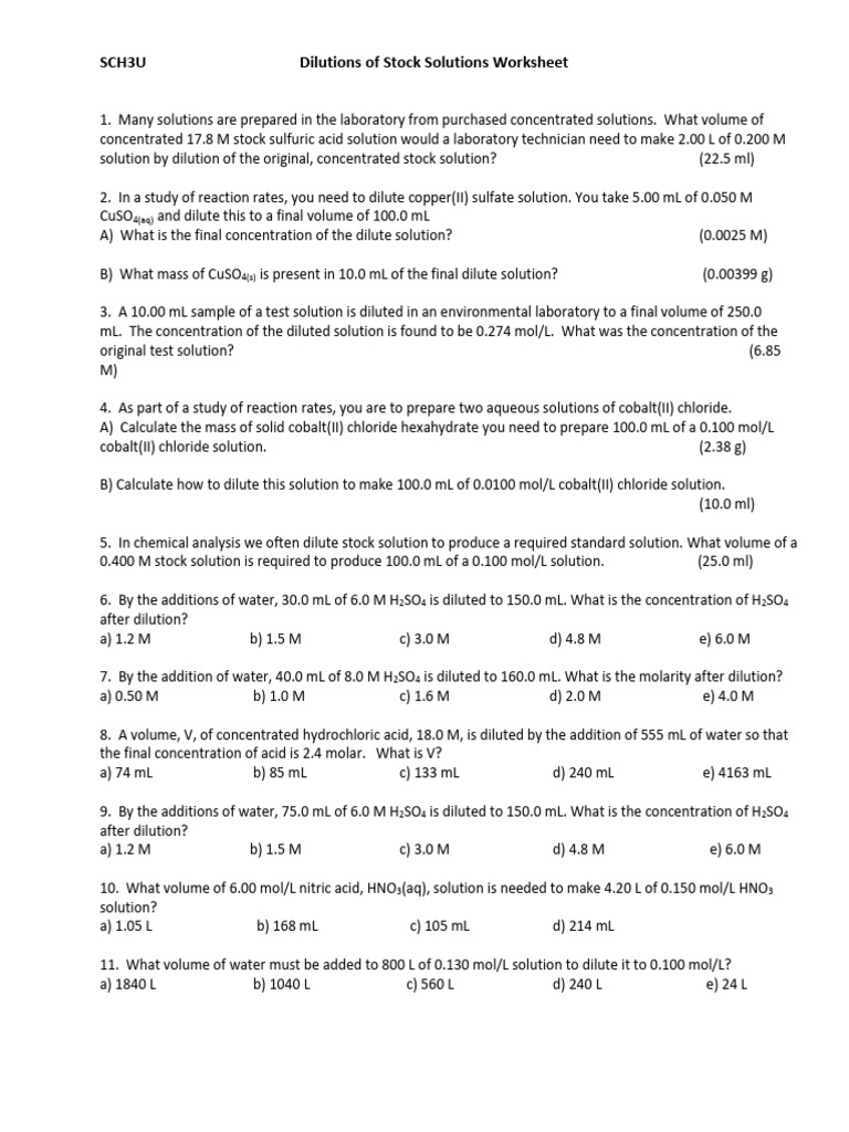 Sch3U Dilutions of Stock Solutions Worksheet | PDF | Science & Mathematics