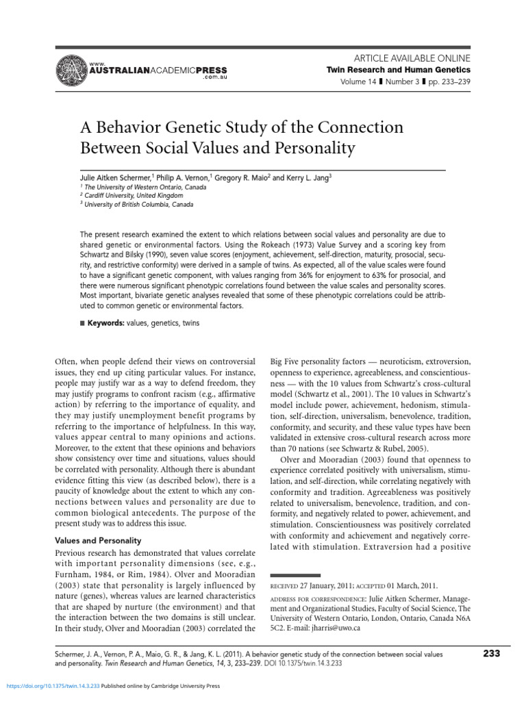 Div Class Title A Behavior Genetic Study of The Connection Between Social Values and Personality ...