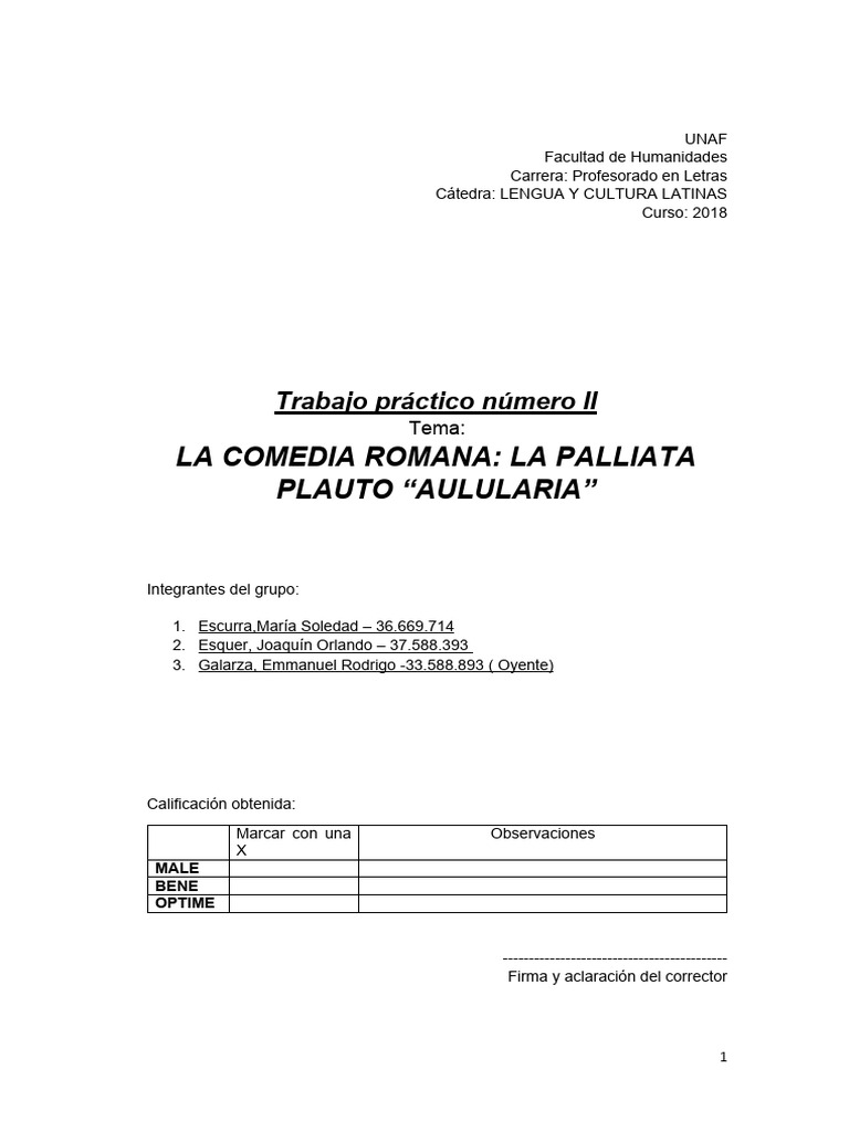 TP 2. La Comedia Romana. Plauto. Aulularia. Escurra. Esquer. Galarza ...