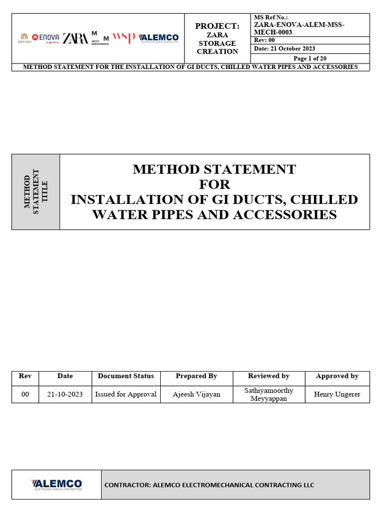METHOD STATEMENT FOR INSTALLATION OF FCUs: AHU: FAHU - ZARA | PDF ...