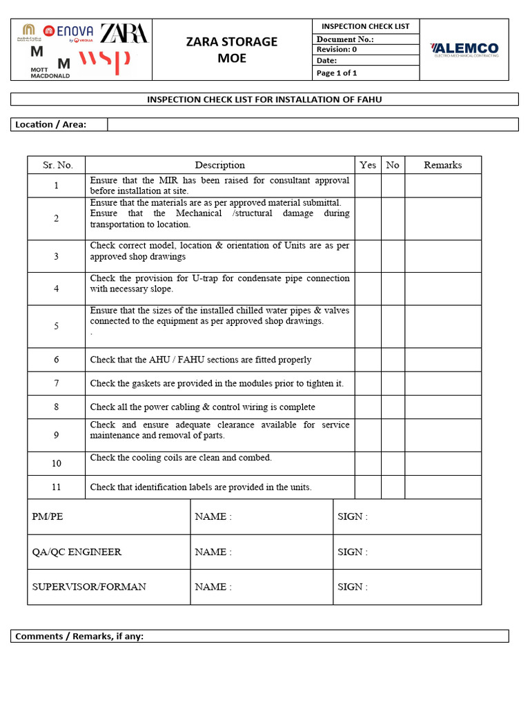 Inspection Check List For Installation of Fahu | PDF